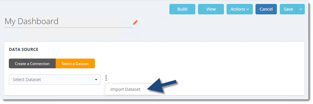 How do I import and export a Dataset in Dashboards in IntelliFront BI?
