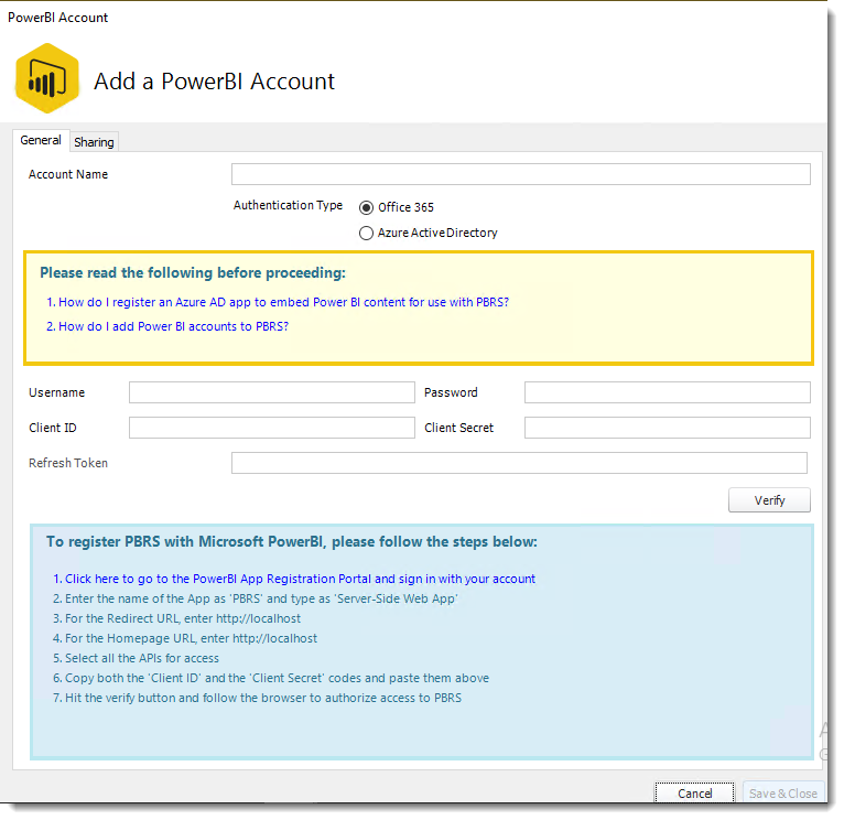 How do I add Power BI accounts to PBRS?