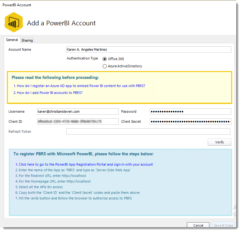 How do I add Power BI accounts to PBRS?