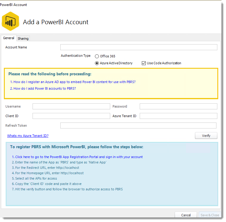 How do I add Power BI accounts to PBRS?