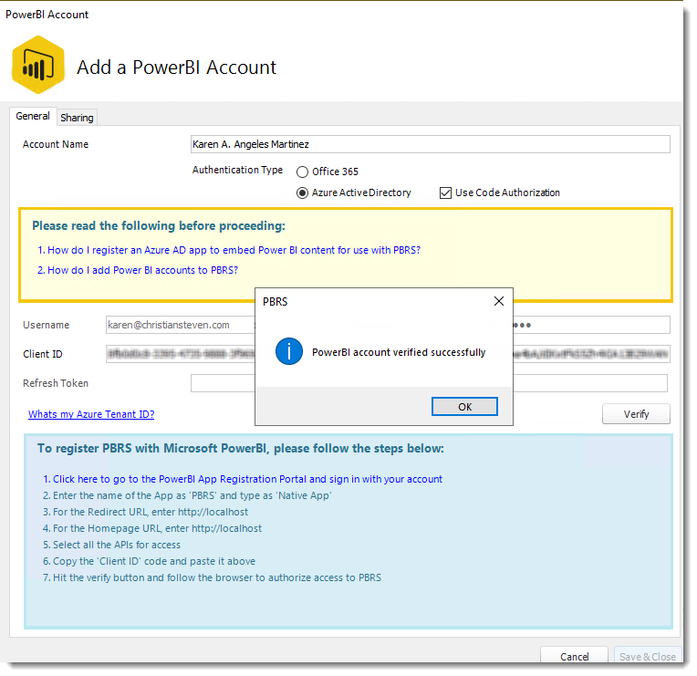 How do I add Power BI accounts to PBRS?