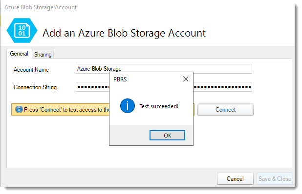 How do I add Azure Blob Storage account in PBRS?
