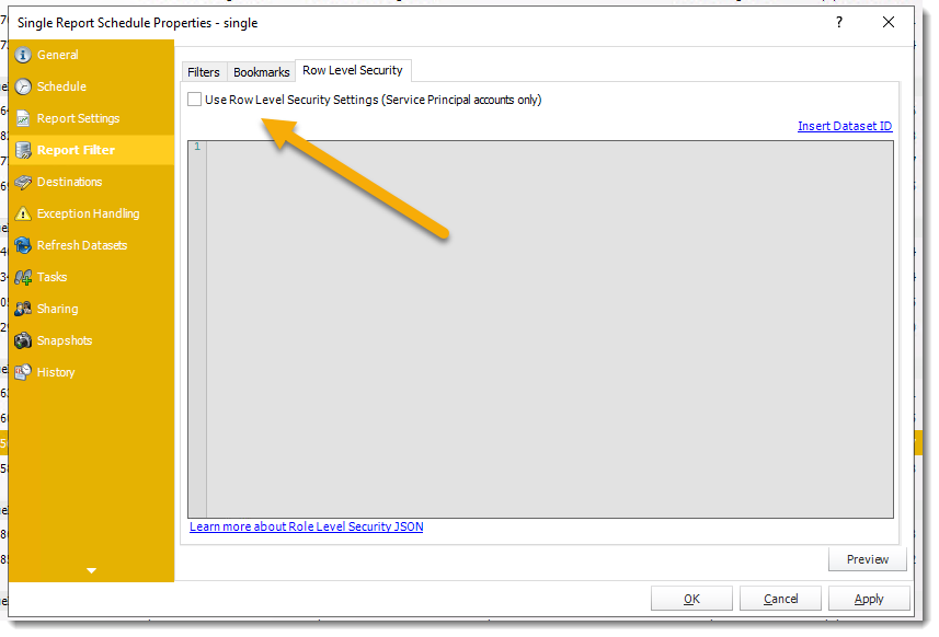 How do I use a Dataset ID in a Power BI schedule?