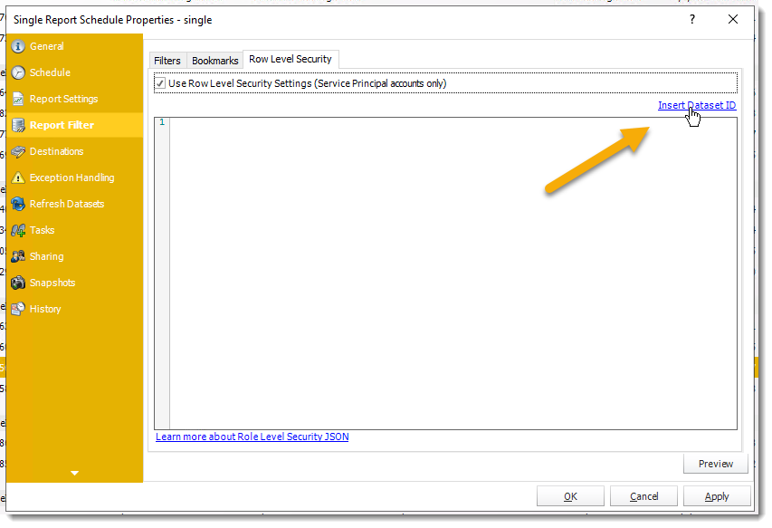 How do I use a Dataset ID in a Power BI schedule?