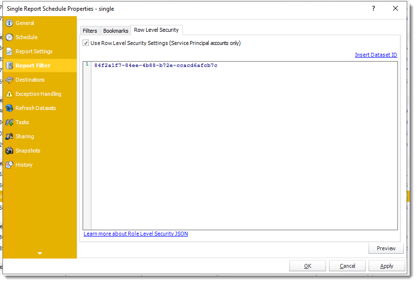 How do I use a Dataset ID in a Power BI schedule?