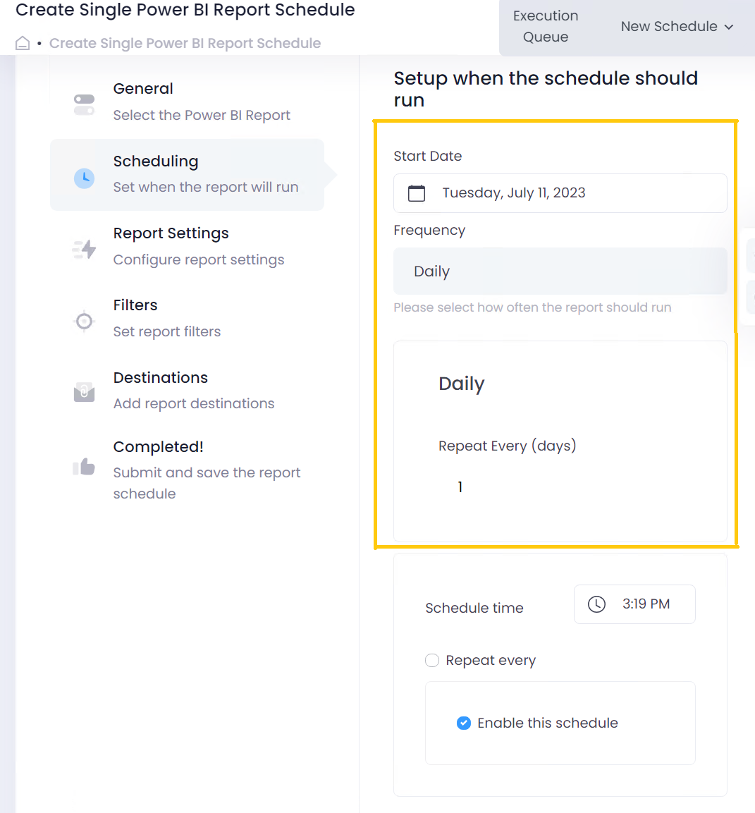 How do I create a Single schedule for a Power BI report in the PBRS Web ...