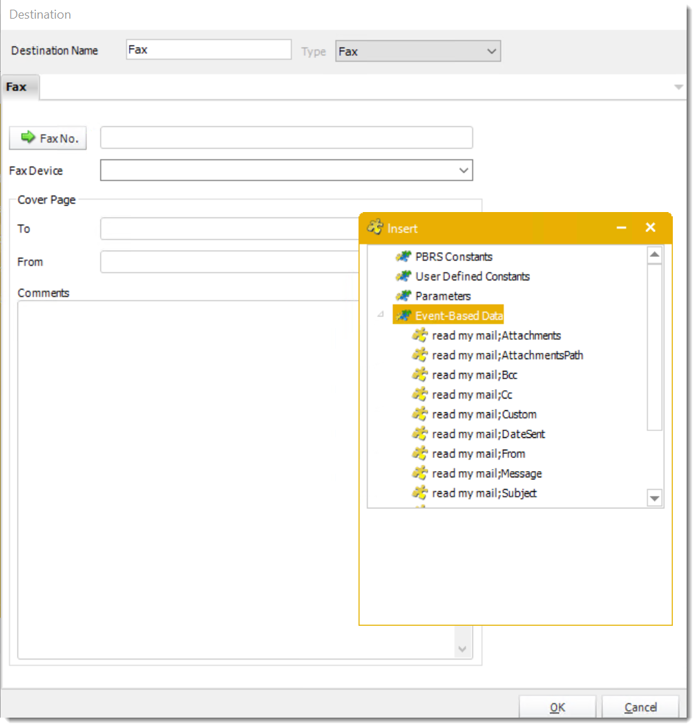 How do I set up a Fax Destination in PBRS?