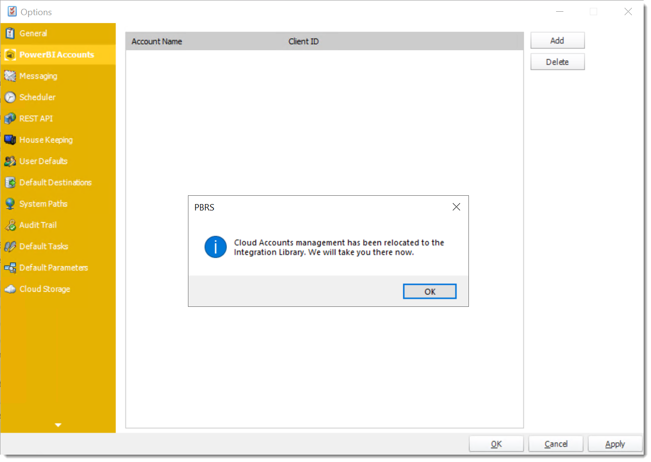 How do I add Power BI accounts to PBRS?