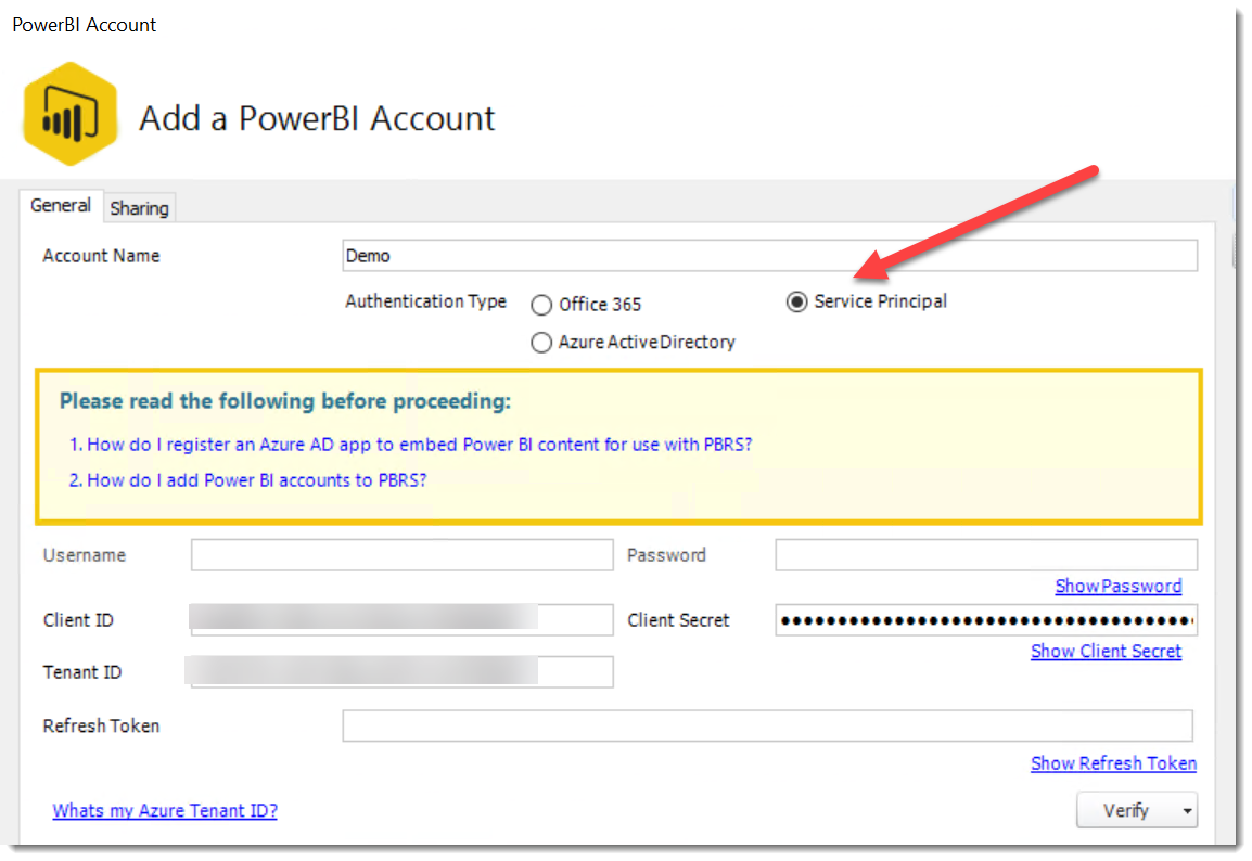 How do I add Power BI accounts to PBRS?